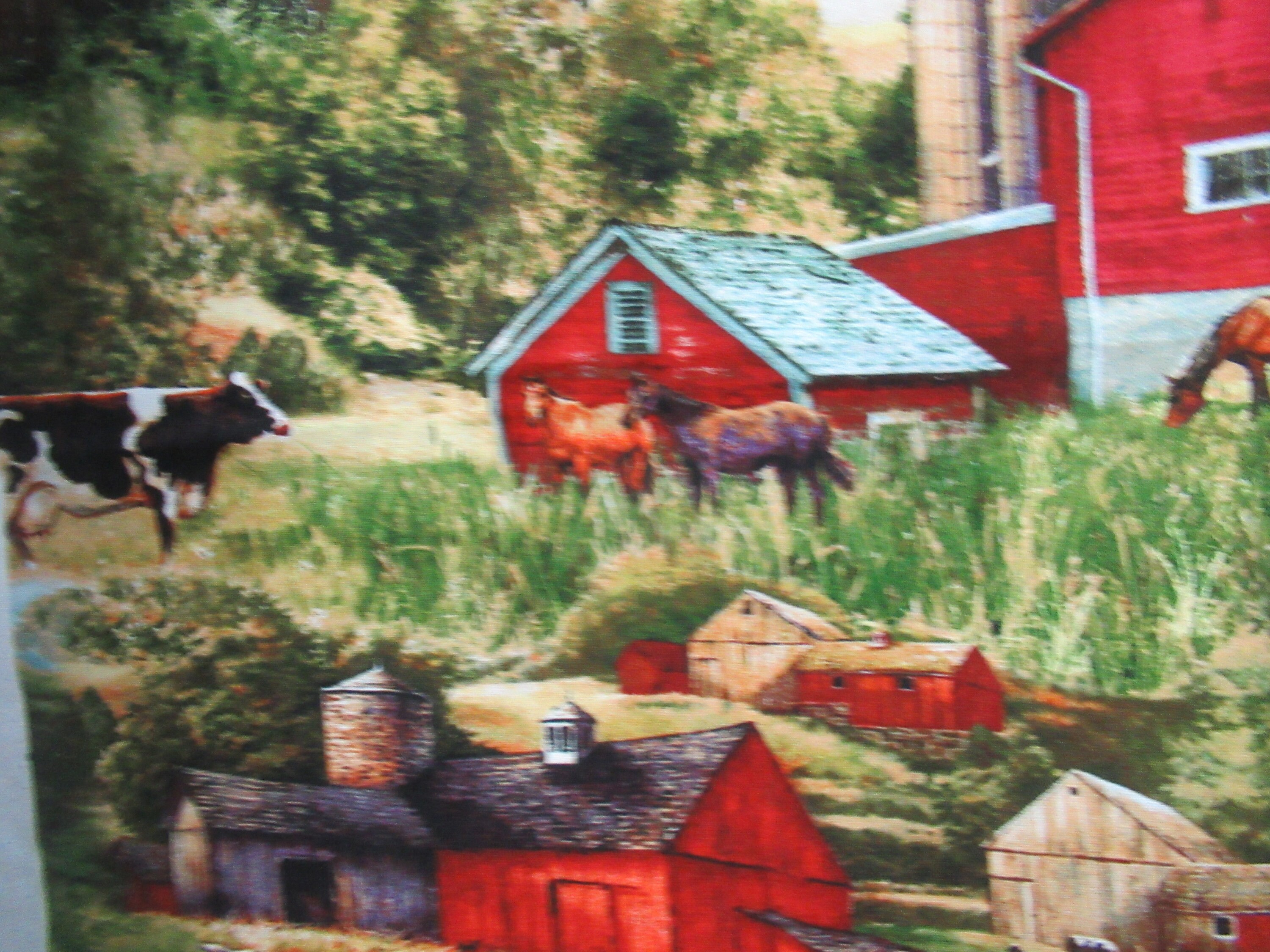 Farm Barn Tractor Truck and Farm Animals Scenic Farm Cotton Fabric That ...