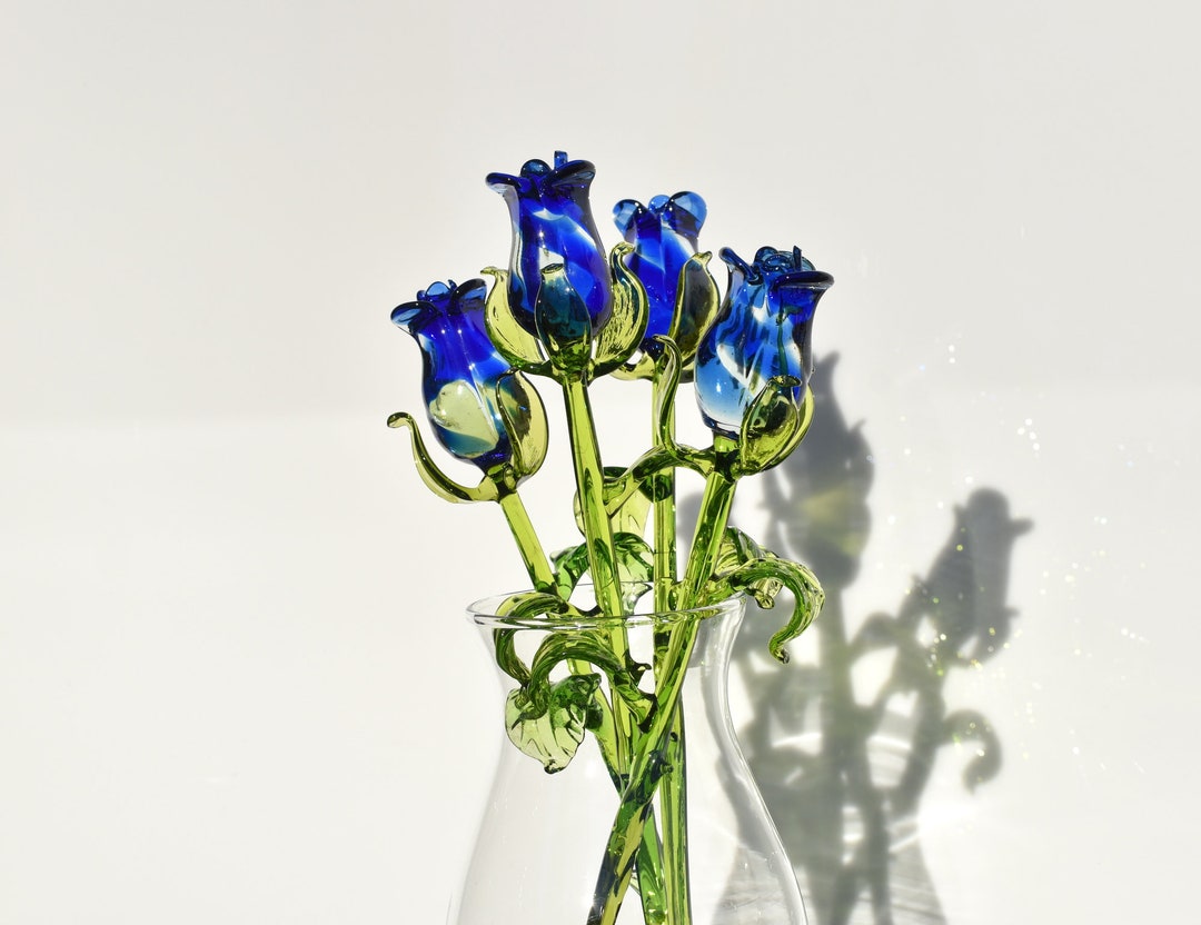 Blue Glass Rose Flower – Handblown Glass Rose Stem – Blue Glass Flower ...
