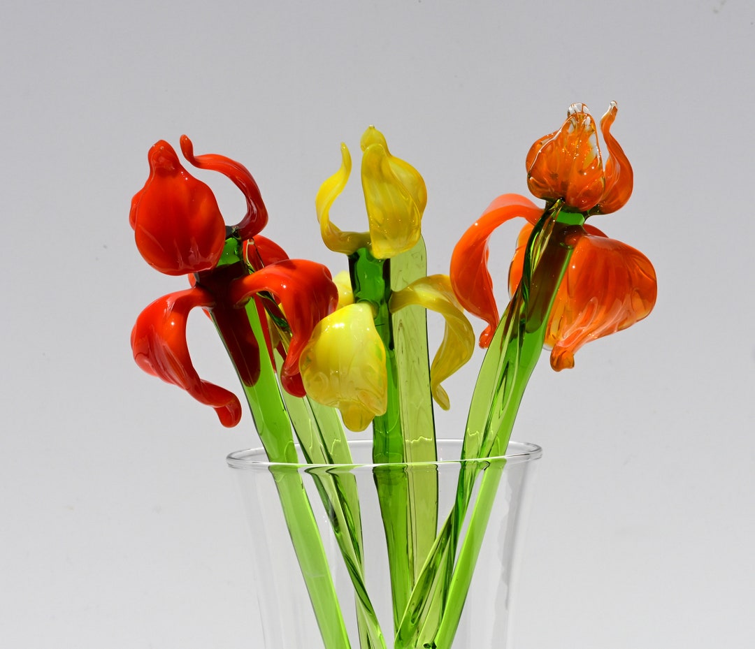 Bouquet of 3 Beautiful Color Glass Long Stem Iris Flower. Excellent ...