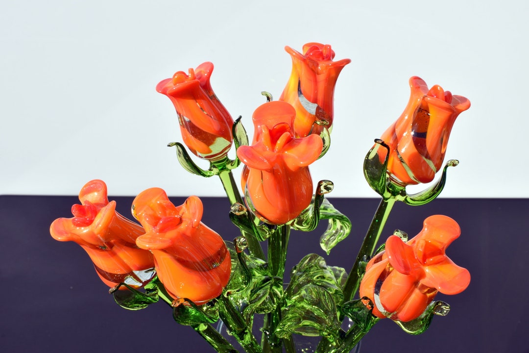 Gorgeous Orange Glass Long Stem Rose Flower. Excellent Addition to Your ...