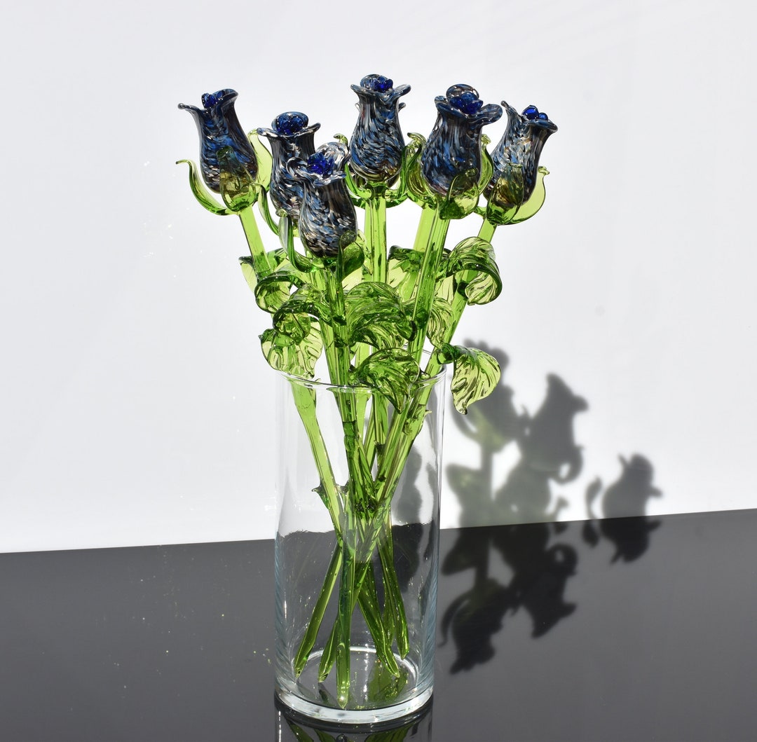 Beautiful Long Stem Blue Glass Rose Flower. Excellent Addition to Your ...