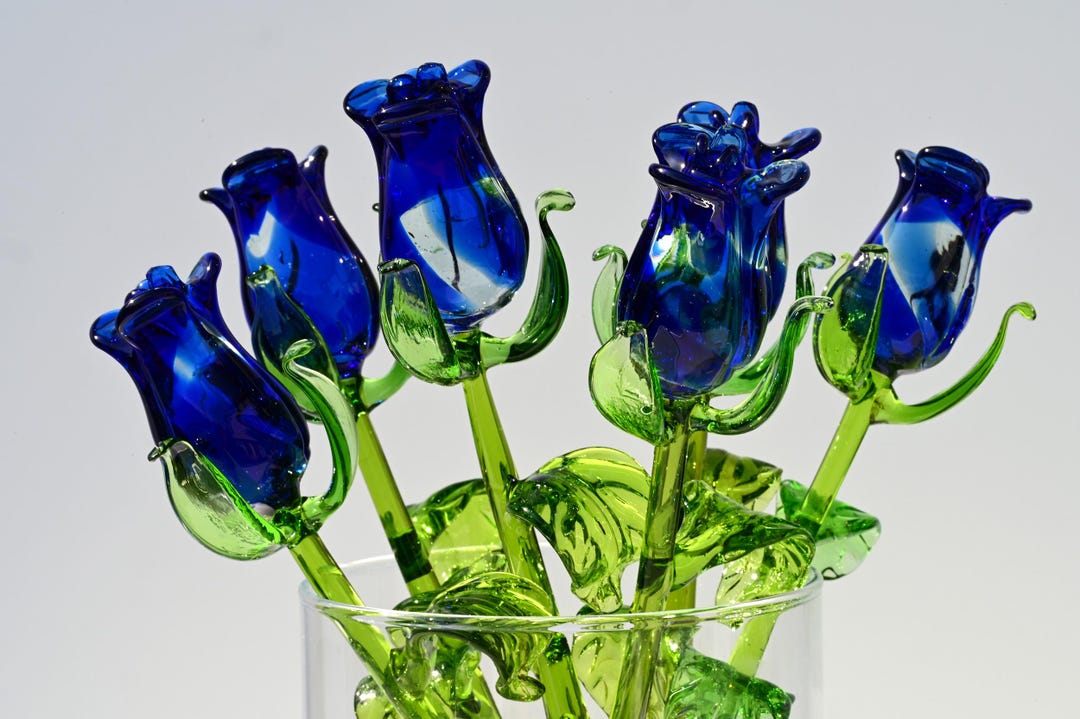 Beautiful Blue Glass Rose Medium Stem Flower. Excellent Addition to ...