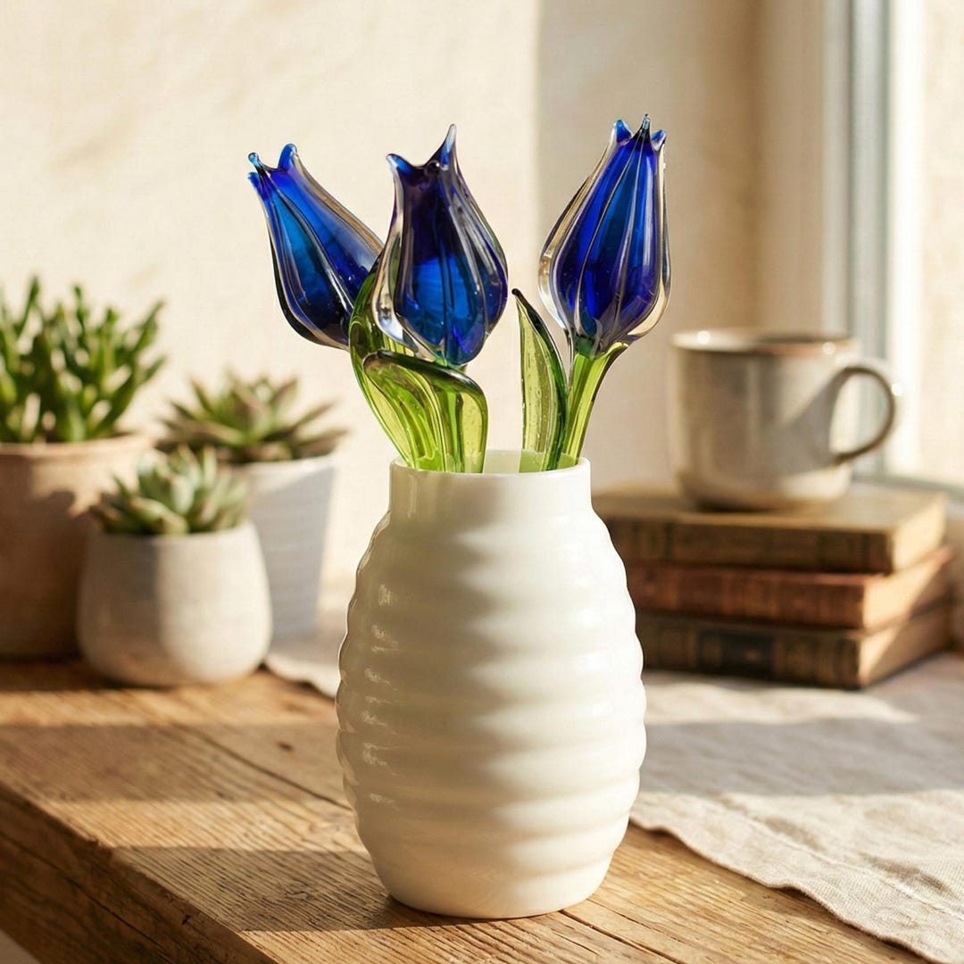Glass Tulip Flowers, Glass Birth Month Flower - Cobalt Blue Glass ...