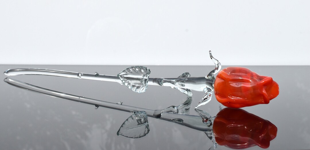 Beautiful Long Stem Orange Red Clear Glass Rose Flower. Excellent ...