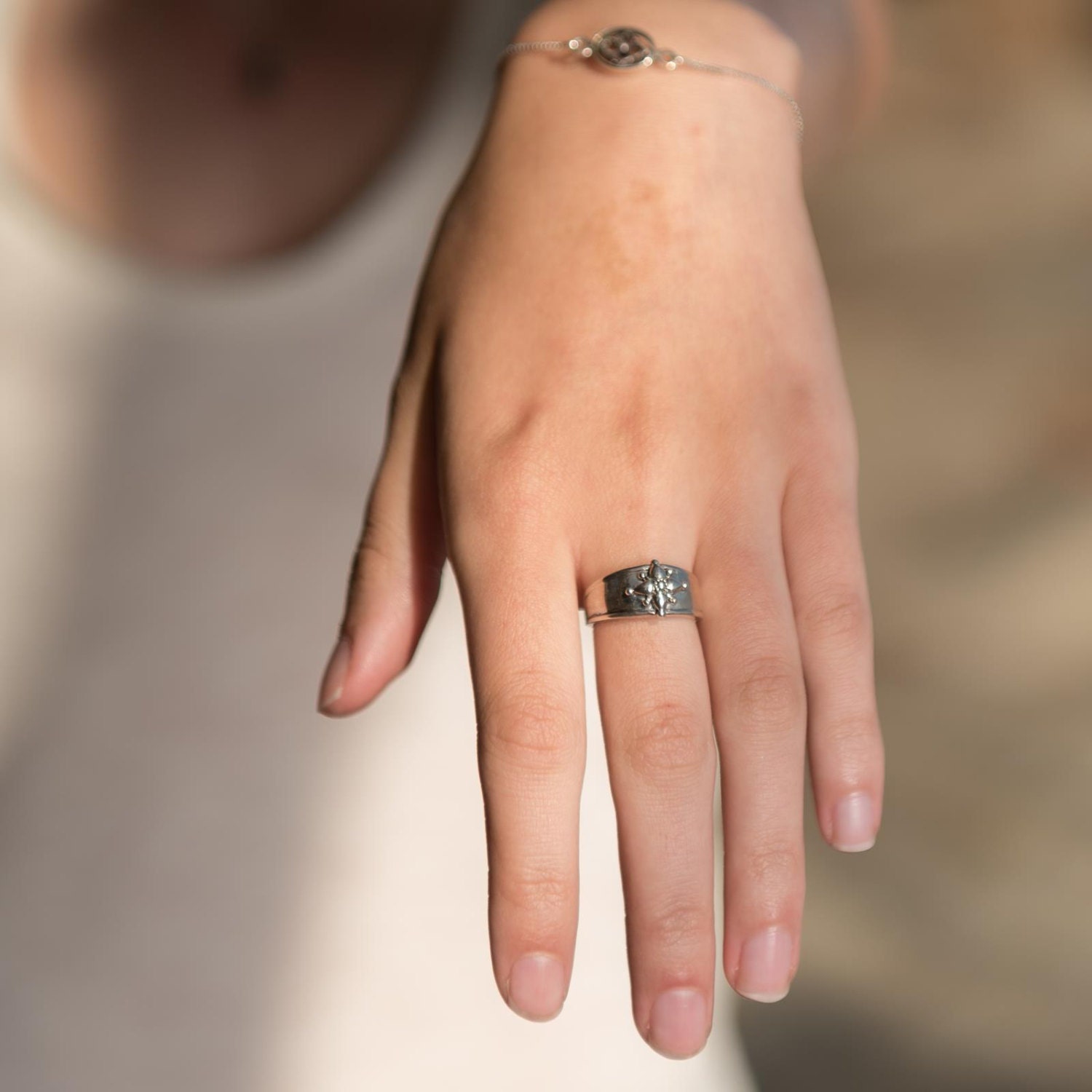 Sterling Silver Ring With True North Four Point Star Compass Motif on ...