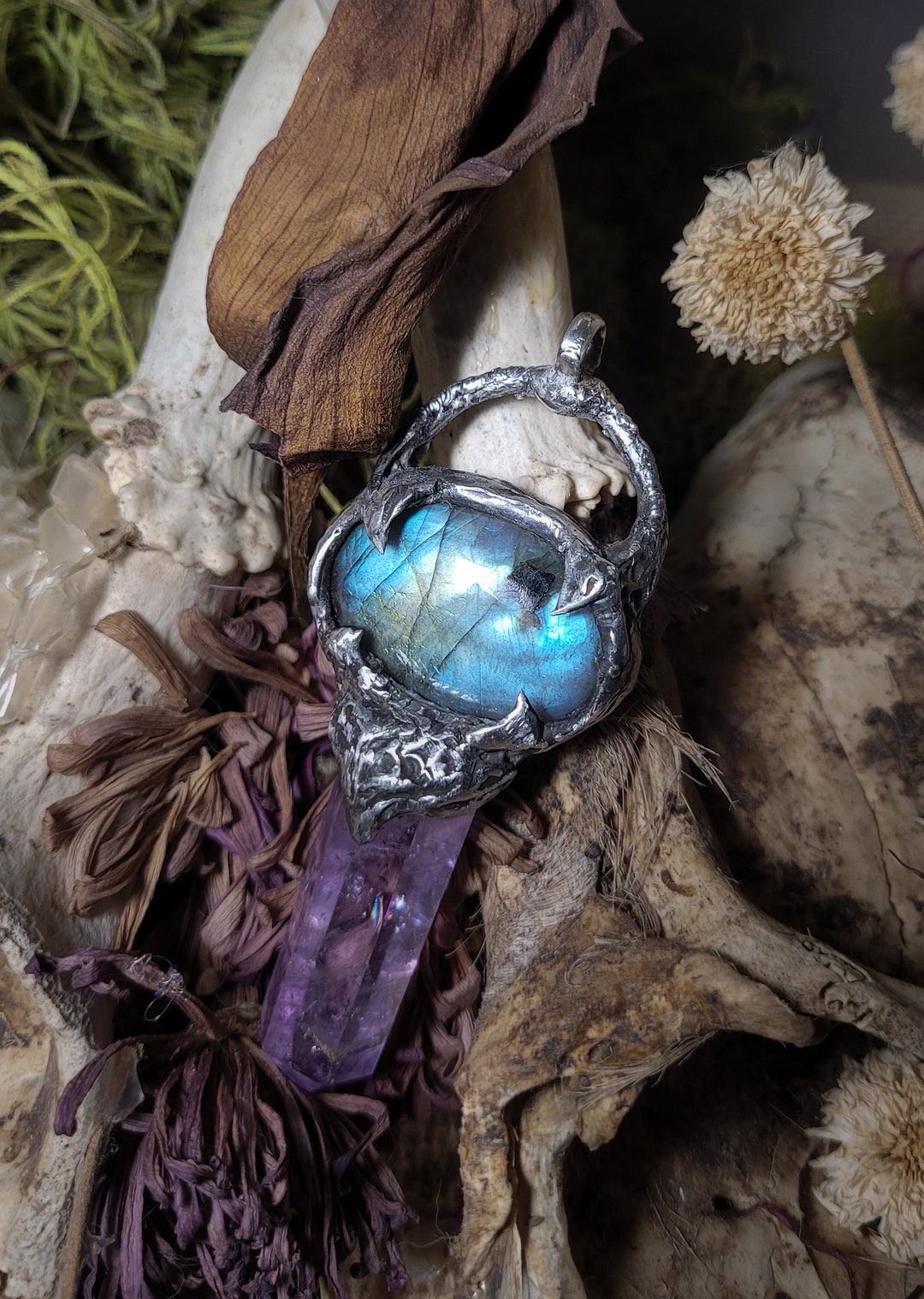 Lux via Liquid Metal Pendant With Labradorite and Amethyst Point - Etsy