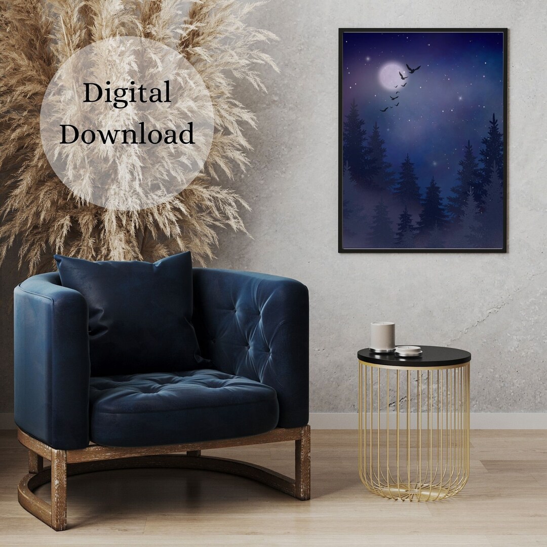 Foggy Forest and Moon Digital Print Moonlit Sky Moonlight - Etsy