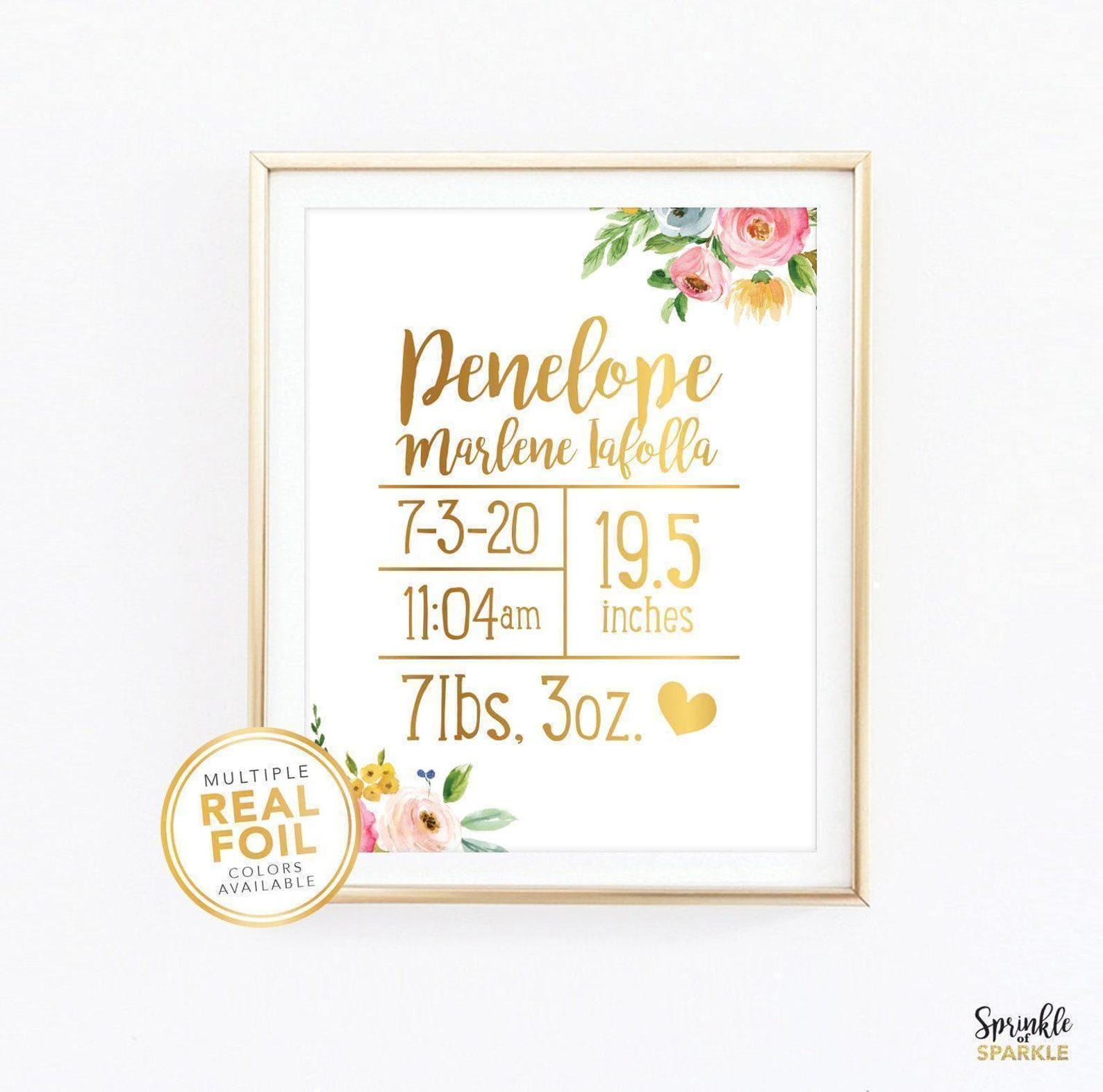Newborn Baby Birth Statistic Art - Wall Art Print, Real Foil Print ...