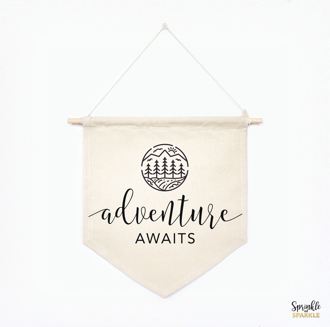 Adventure Awaits Banner, Woodland Boho Canvas Banner, Nursery Wall Art ...