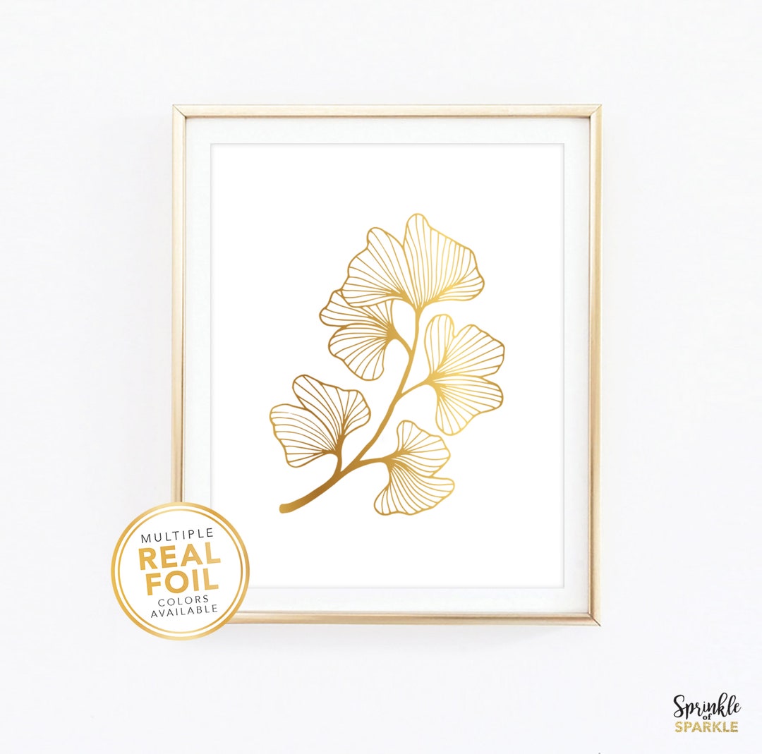 Ginkgo Leaf Print in Gold Foil Wall Art - Ginkgo Print Living Room ...
