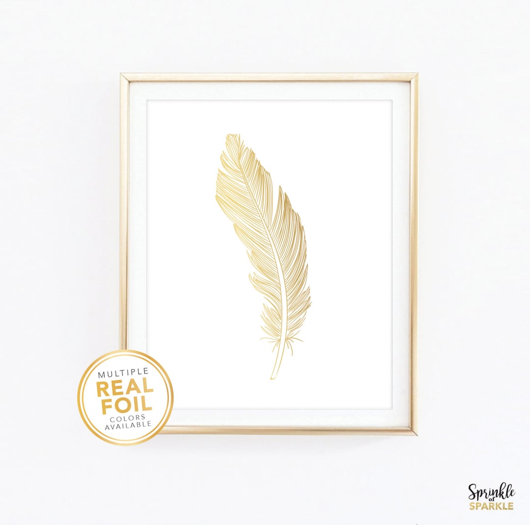 Gold Feather Wall Art Print, Gold Foil Feather, Real Foil Print, Silver ...