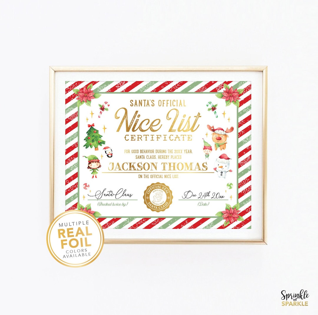 Santa's Official Nice List Certificate With Real Gold Foil Elements ...
