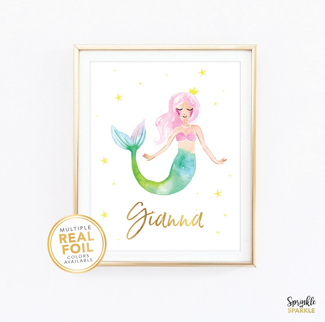 Girls Room Mermaid Print With Custom Name - Mermaid Nursery Wall Art ...