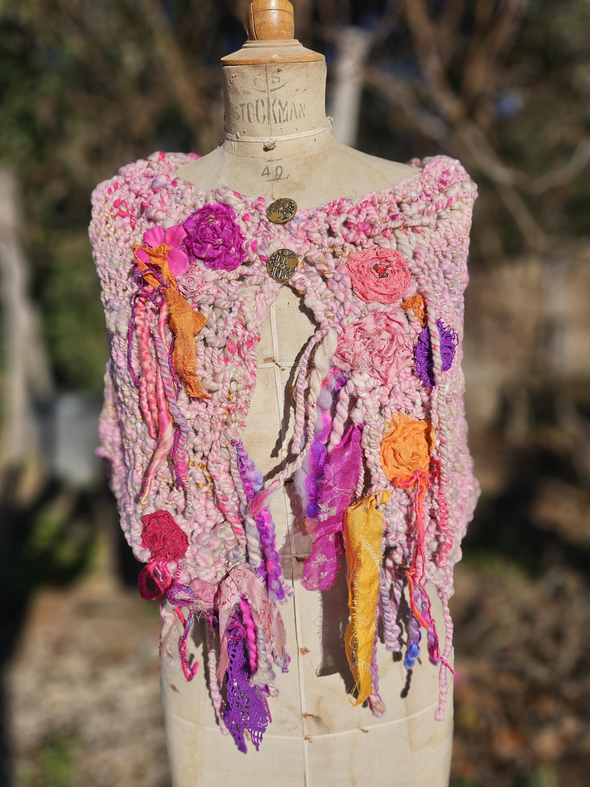 Powder Pink Shrug, Bohemian Style, Rags, Romantic, Hand-spun and Hand ...