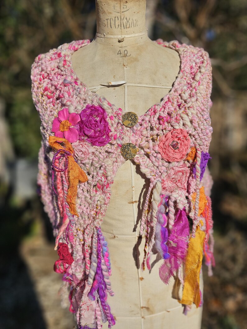 Powder Pink Shrug, Bohemian Style, Rags, Romantic, Hand-spun and Hand ...