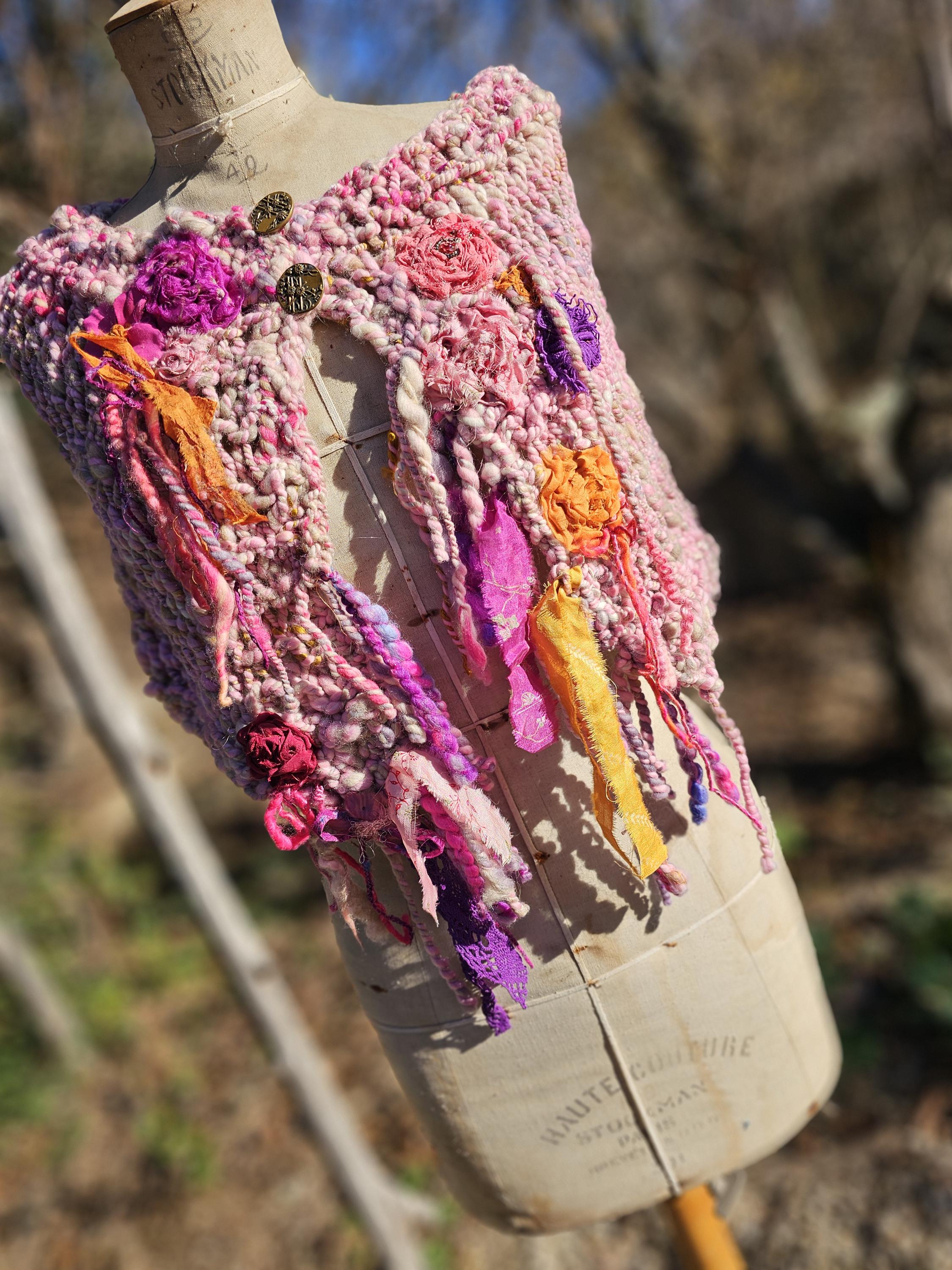 Powder Pink Shrug, Bohemian Style, Rags, Romantic, Hand-spun and Hand ...
