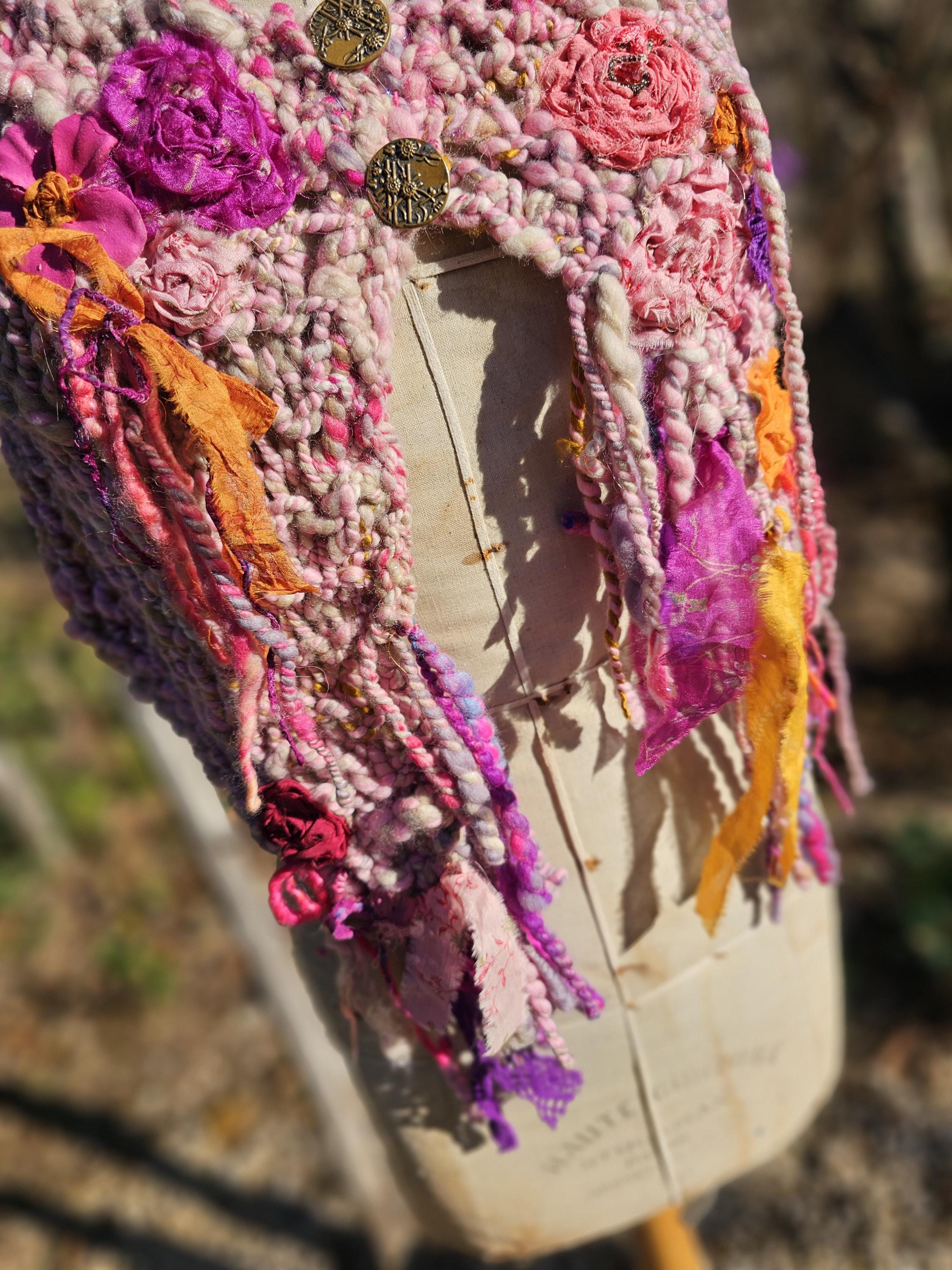 Powder Pink Shrug, Bohemian Style, Rags, Romantic, Hand-spun and Hand ...
