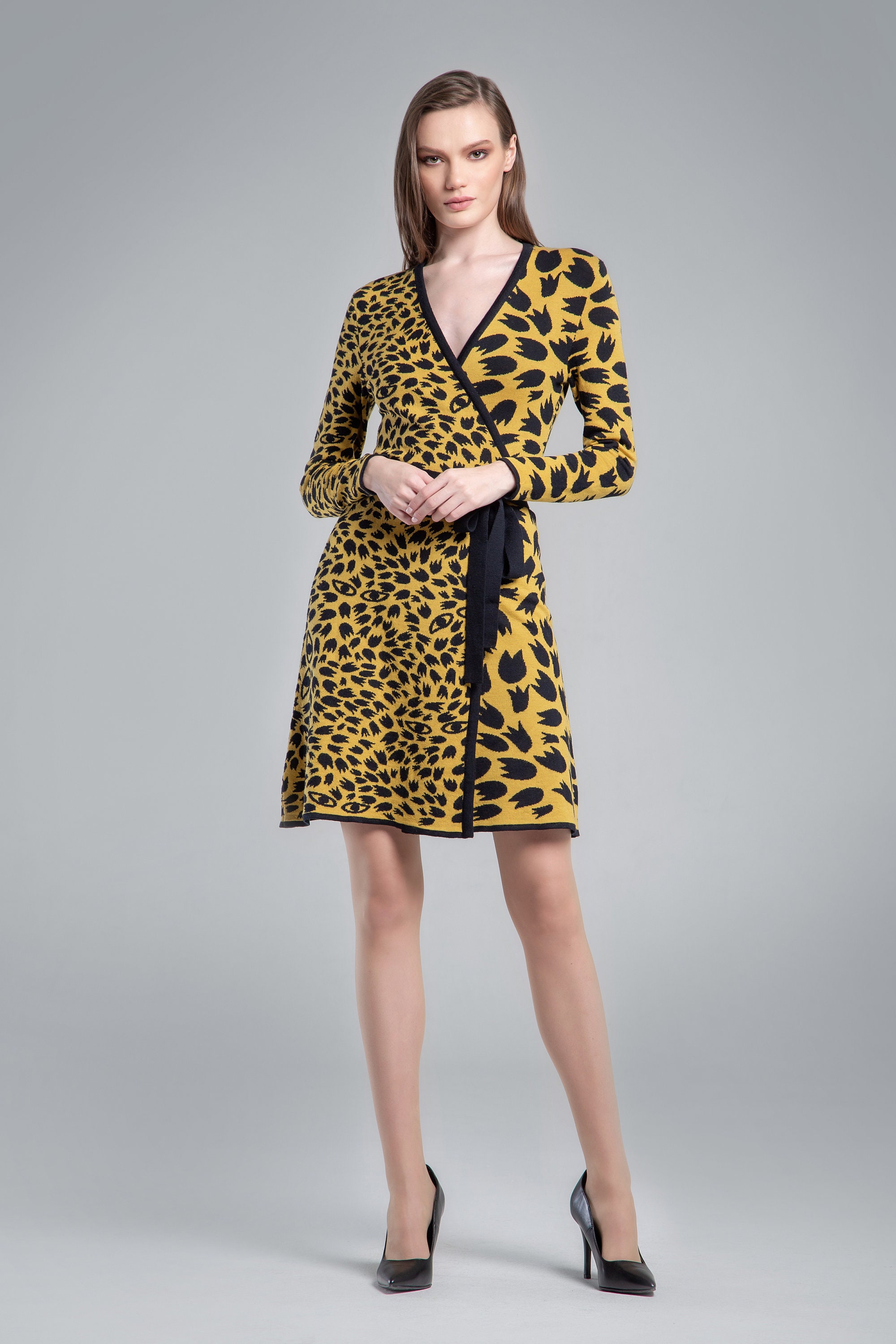 Jacquard-knit Wrap Dress With Animal Pattern in Yellow, Knitted Wrap ...