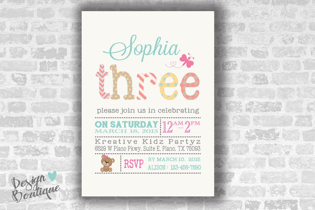 THREE Birthday Invitation. 5x7 Invitation Card. 3rd Birthday Invitation ...