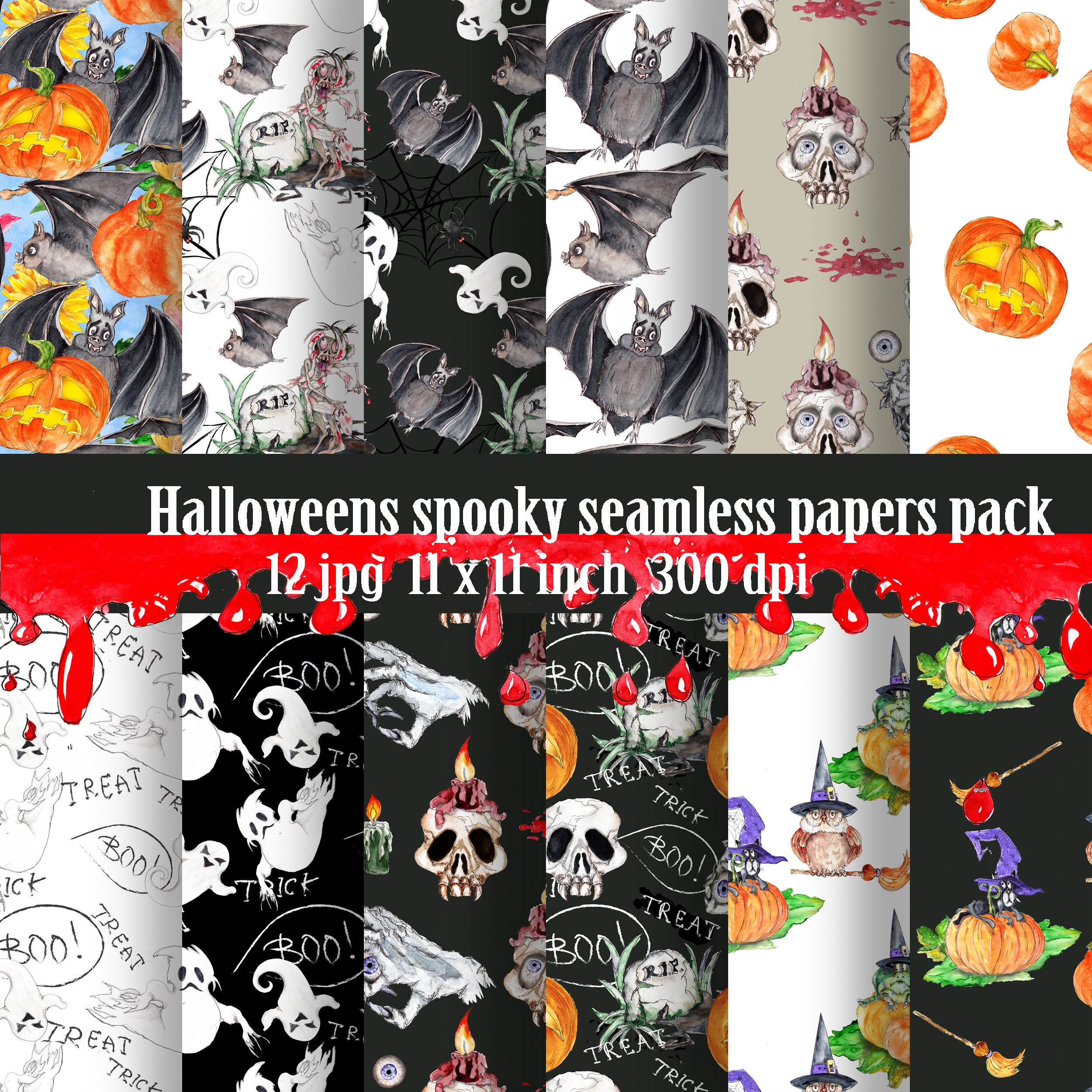 Halloween Paper Pack Watercolor Spooky Backgrounds Zombie Gothic ...
