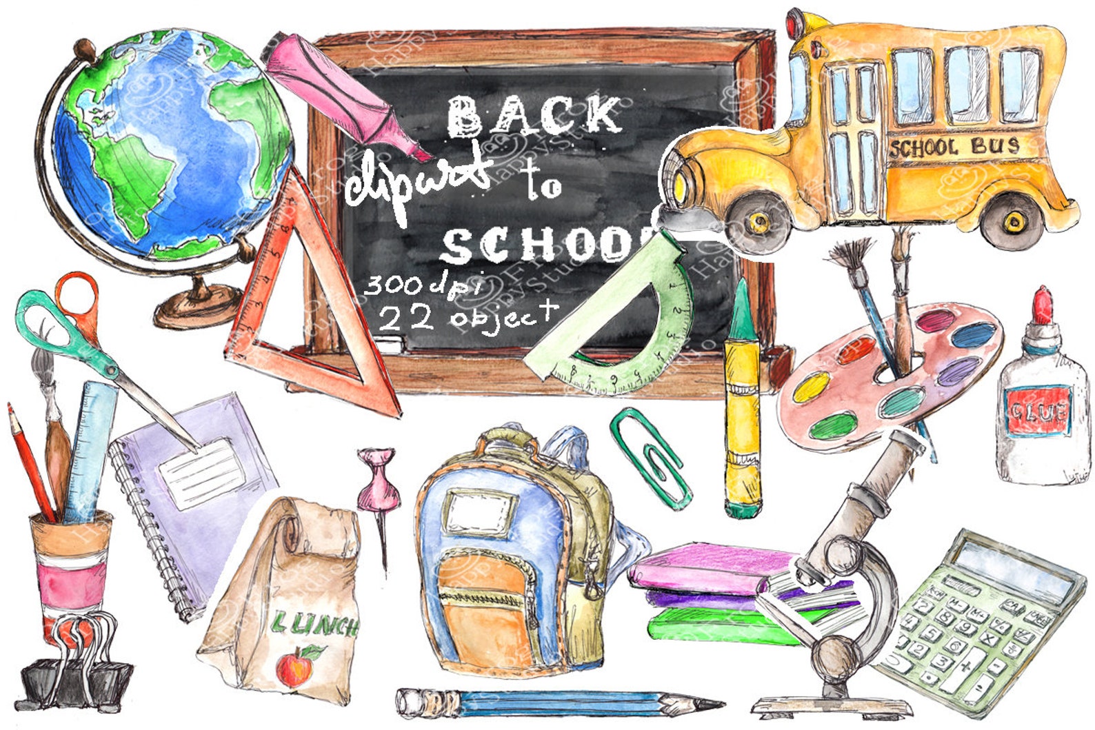 School Clipart, Watercolor Clipart, Back to School Clipart, School Clip ...