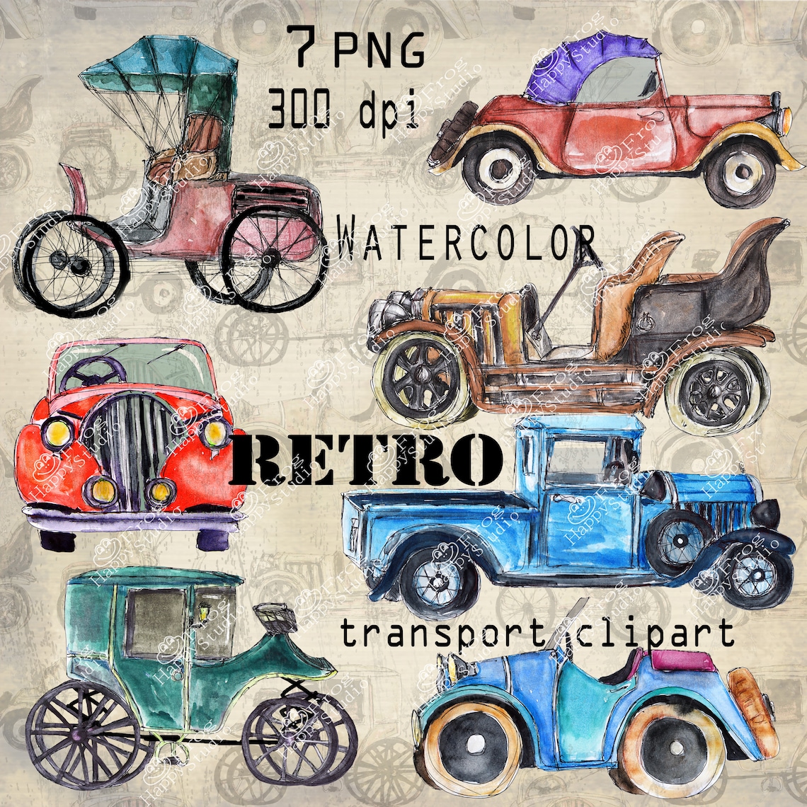 Watercolor Retro Cars Clipart Set,retro Vehicles,instant Download ...