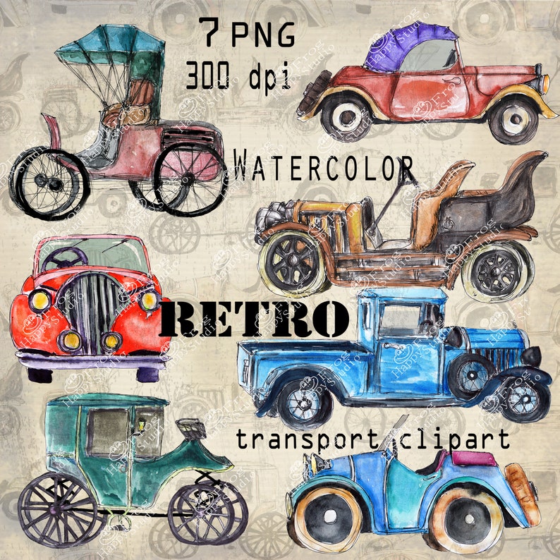 Watercolor Retro Cars Clipart Set,retro Vehicles,instant Download ...