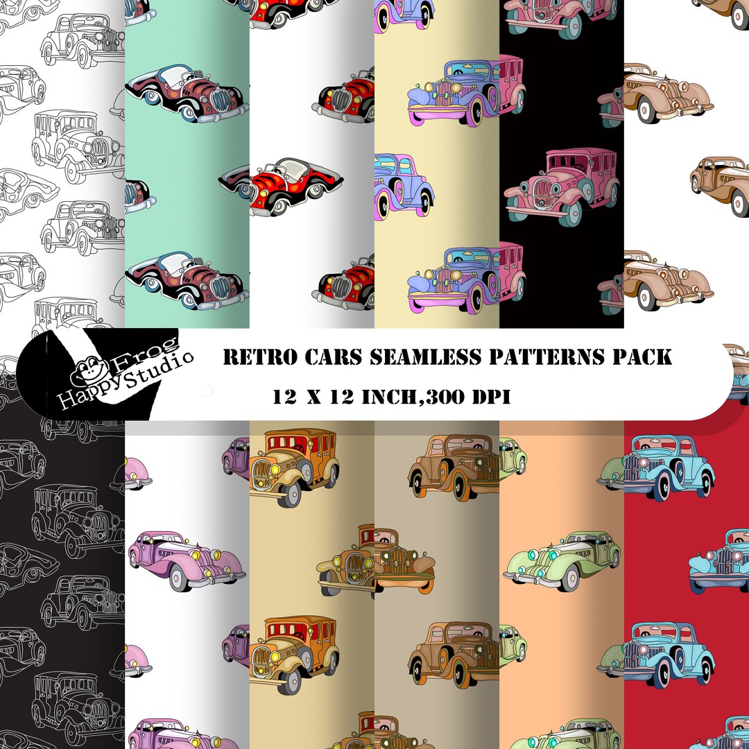 Retro Cars Printable Seamless Patterns Instant Download Digital Paper ...