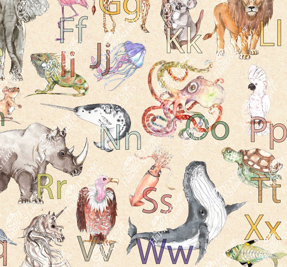 Watercolor Alphabet Poster, A4 Animal Birds ABC Poster, Instant ...
