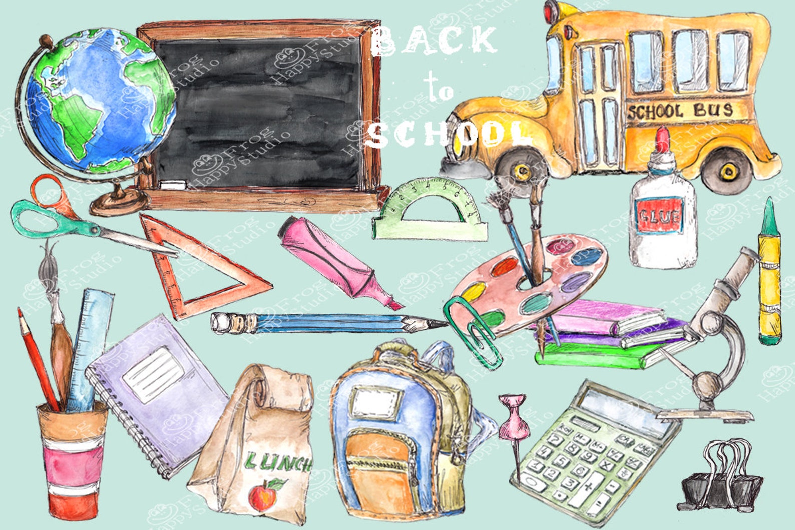 School Clipart, Watercolor Clipart, Back to School Clipart, School Clip ...