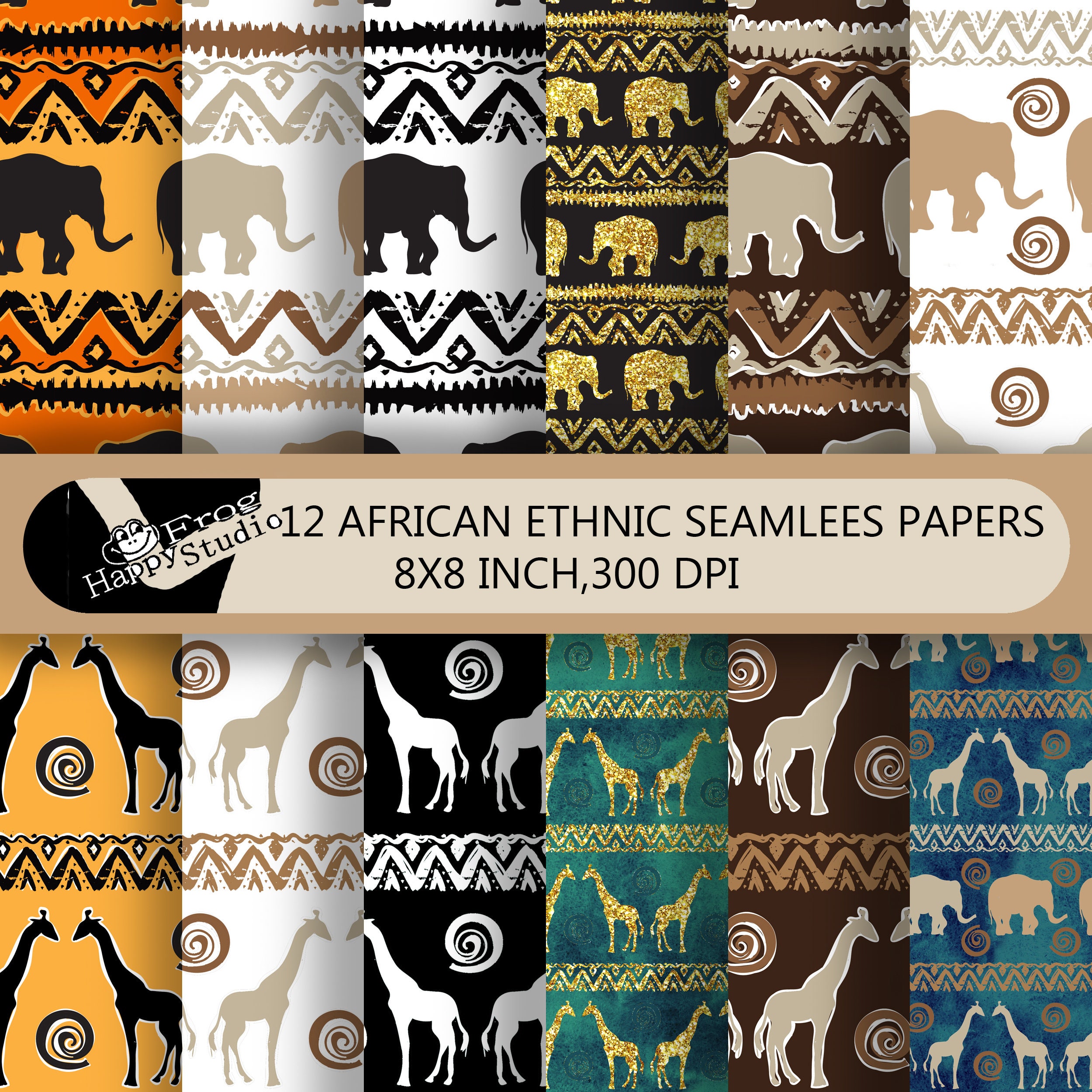 12 African Animals Digital SEAMLESS Paper Pack INSTANT DOWNLOAD ...