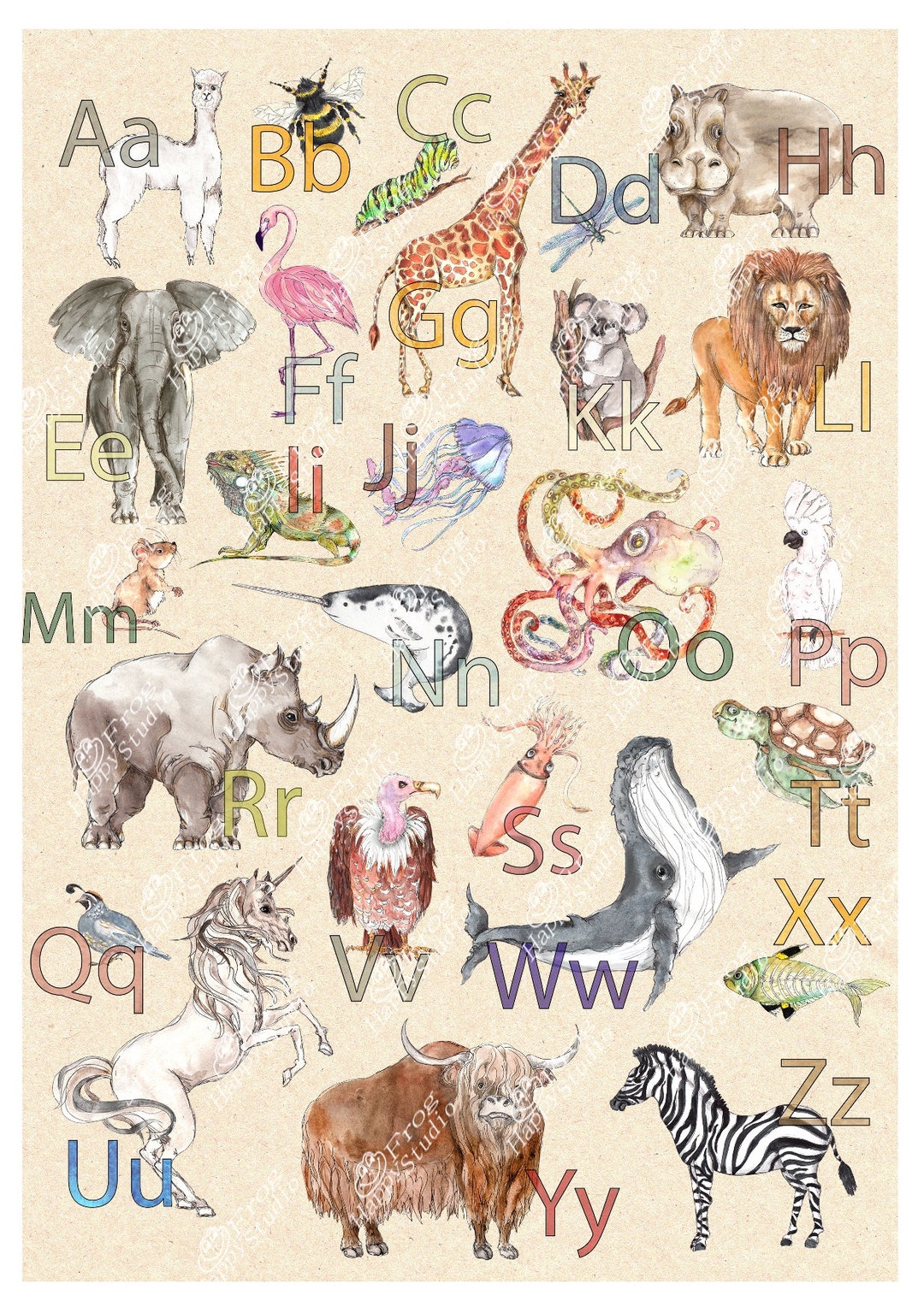 Watercolor Alphabet Poster, A4 Animal Birds ABC Poster, Instant ...