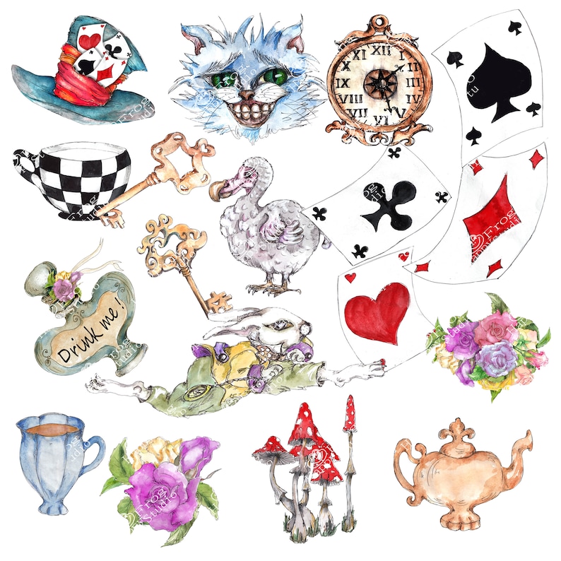 Alice in Wonderland Clipart Characters, Cute Planner Stickers Icons ...