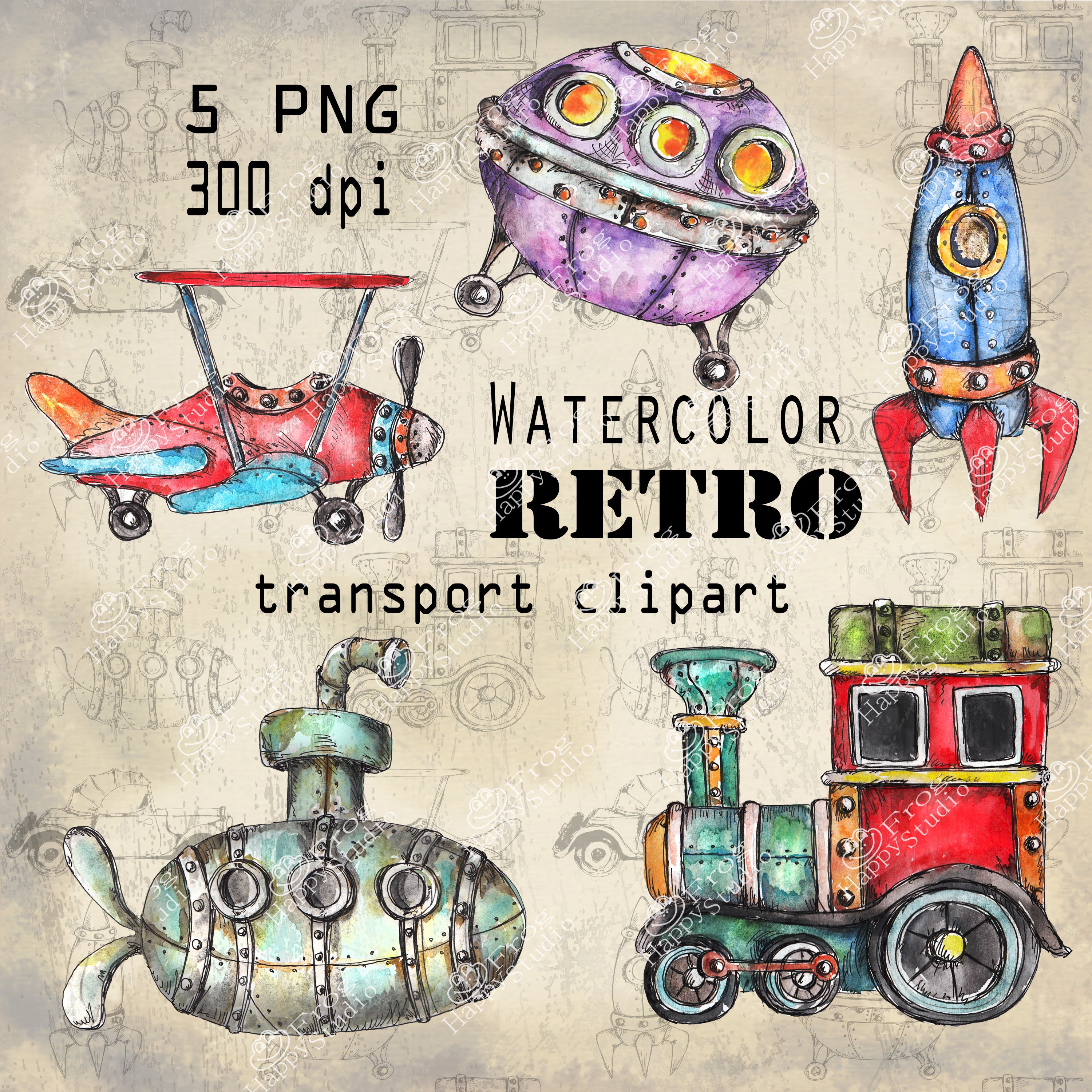 Watercolor Retro Cars Clipart Set,retro Vehicles,instant ,UFO ...
