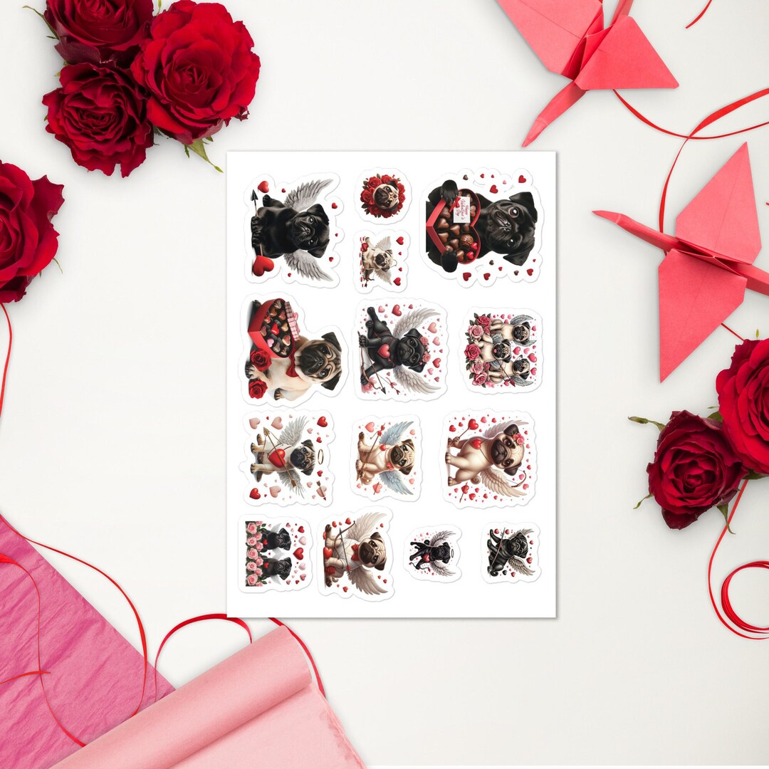 Valentine's Day Pug Sticker Sheet by Scribble Pug Cute Puggy Dog Pet ...