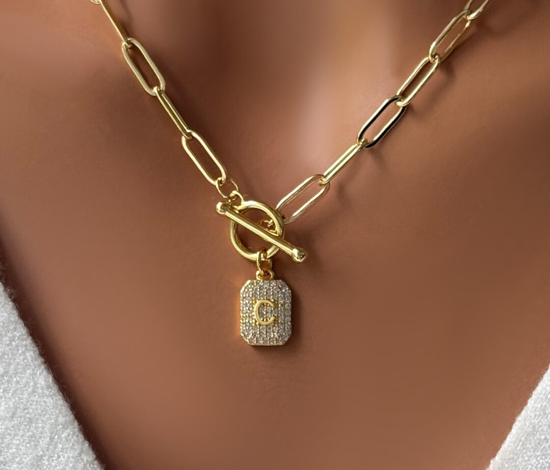 Pave Initial Paperclip Chain Necklace: 14K Gold Filled Personalized ...
