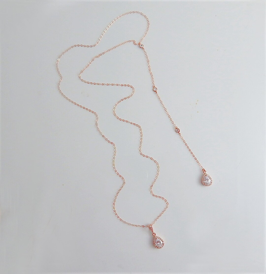 CZ Teardrop Back Necklace: Rose Gold or Sterling Silver Bridal Lariat ...