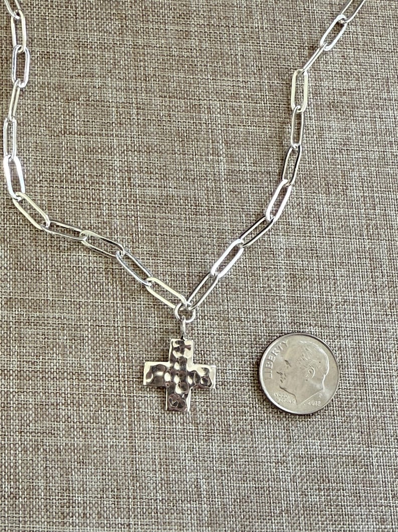 Hammered Cross Necklace Sterling Silver, Dainty Paperclip Chain ...