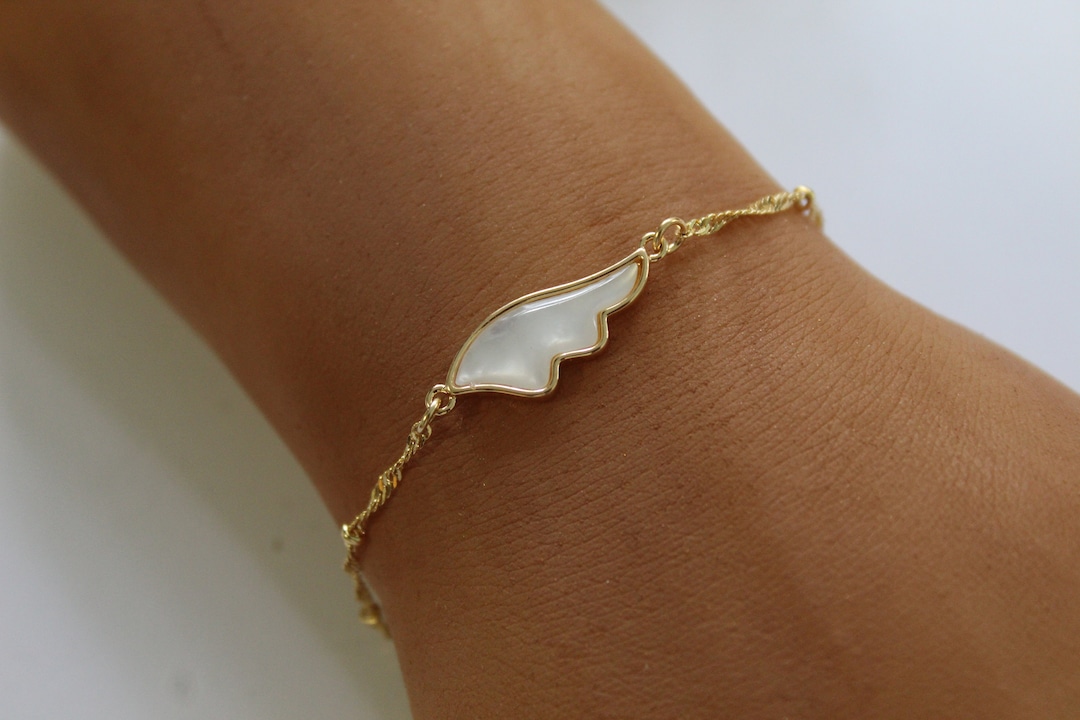 Angel Wing Bracelet, Dainty Gold Bracelet, Mother of Pearl Charm ...