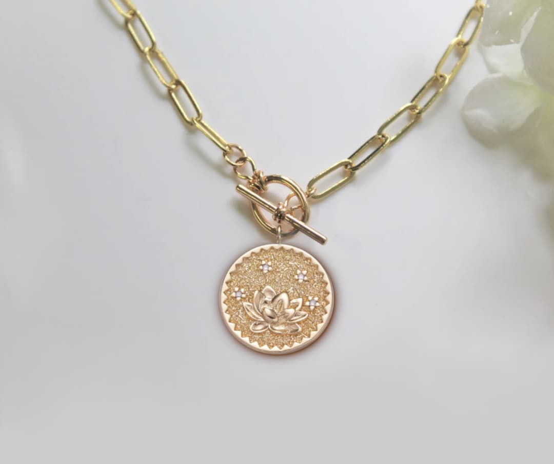 Gold Toggle Clasp Charm Necklace Lotus Flower Medallion Gift for Women ...