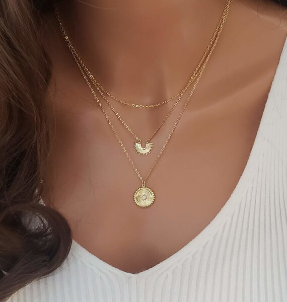 Triple Gold Layered Set of 3 Elegant Layered Celestial Necklace Jewelry for Women Bohemian Sunburst Choker Minimalist Handcrafted Etsy
