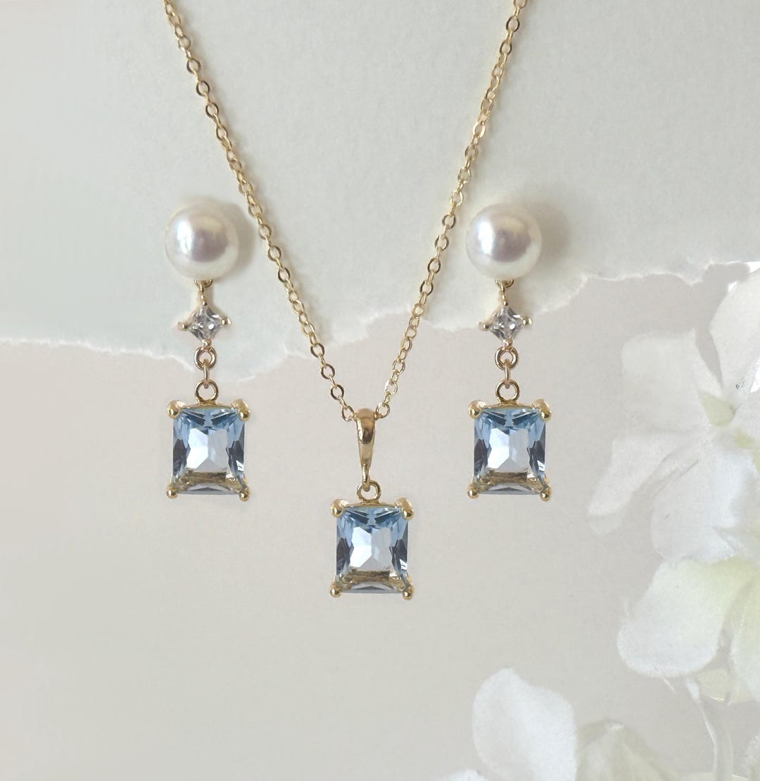 Something Blue Wedding Jewelry Set: Crystal Necklace & Pearl Earrings ...