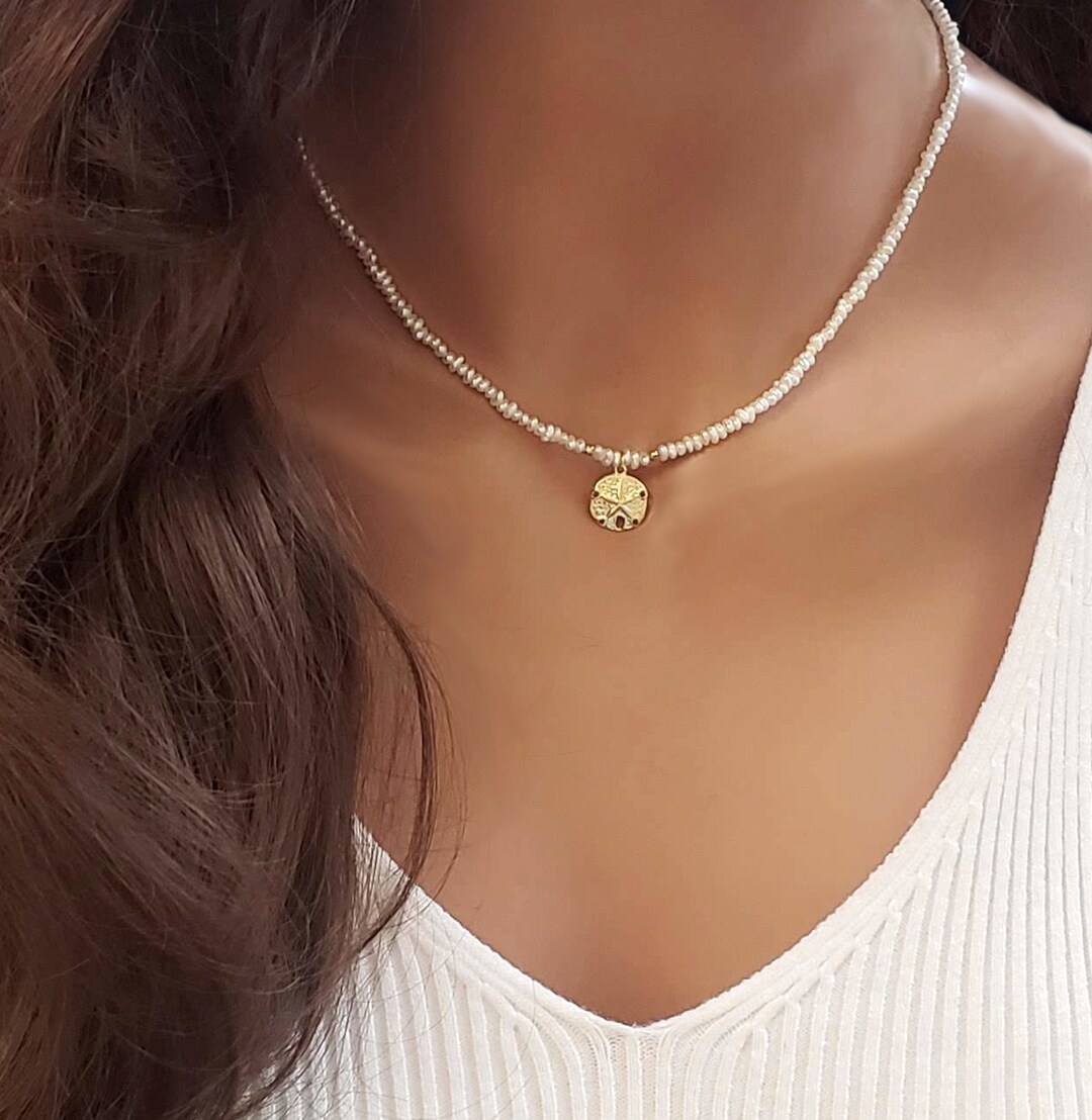 Freshwater Pearl Necklace With 14K Gold Sand Dollar Charm, Coastal ...