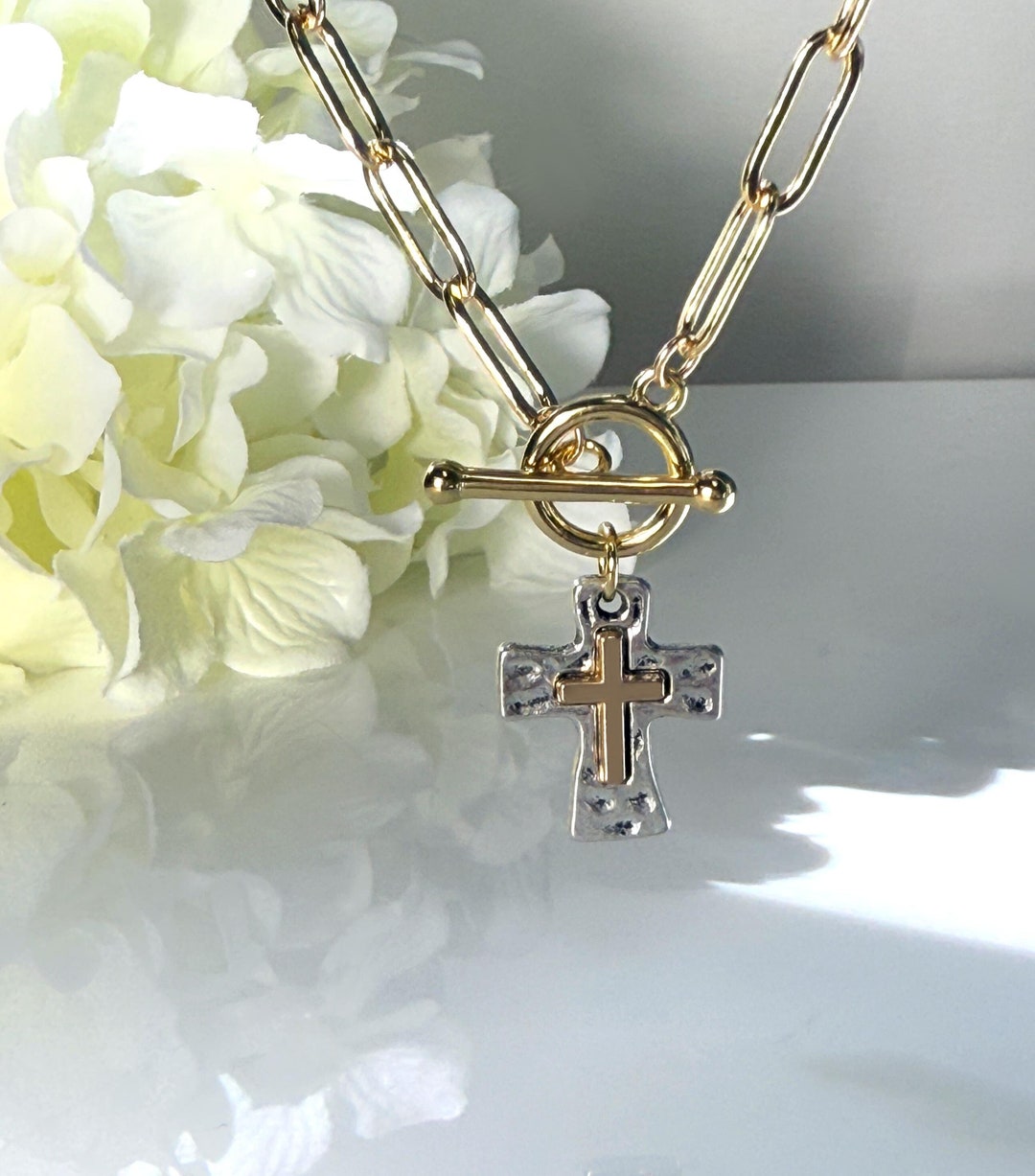 Hammered Mixed Metal Cross Necklace: 14k Gold Filled Chain, Small ...
