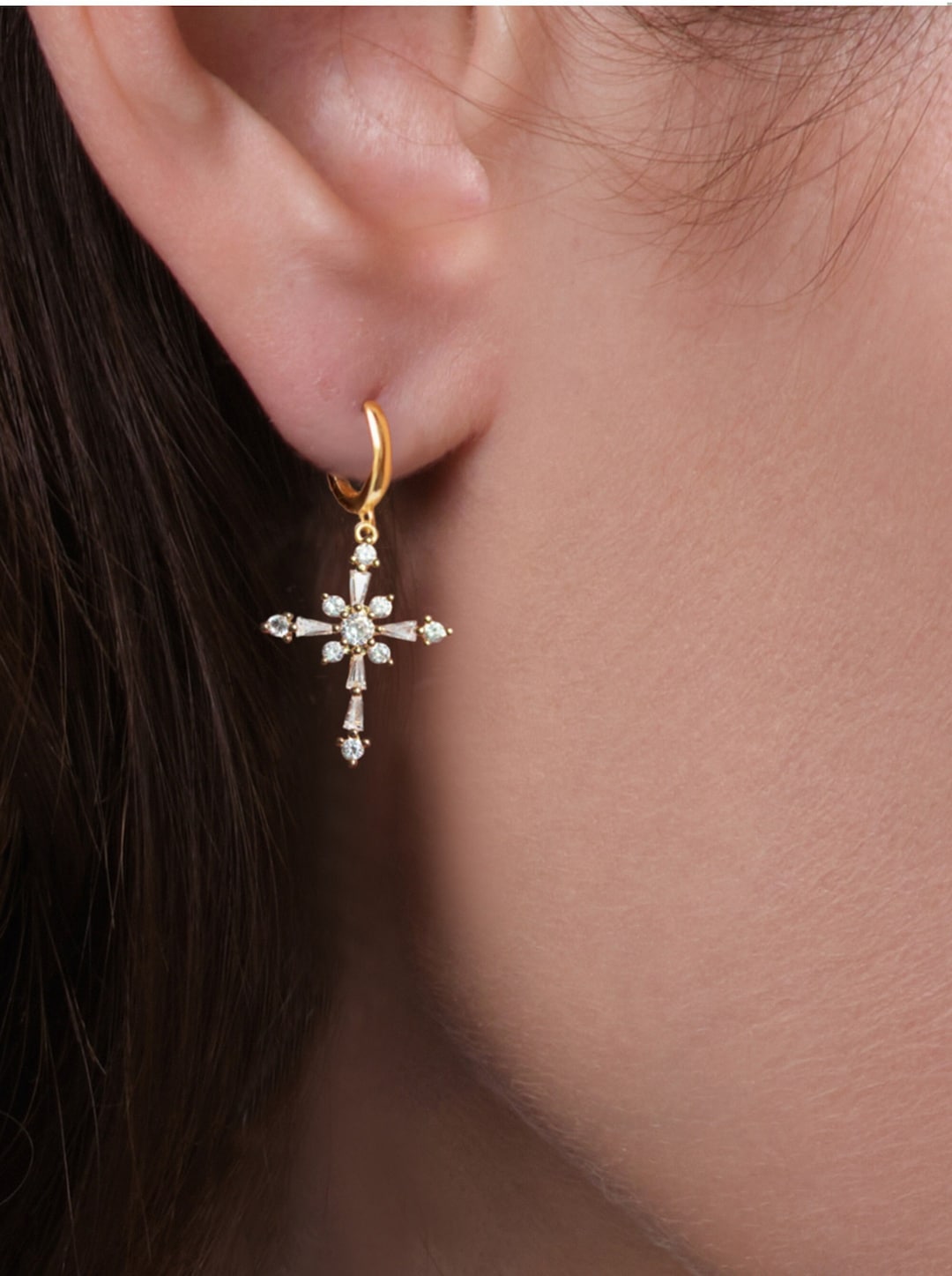 Gold Cross Earrings for Women, Crystal Huggie Earrings, Religious Cubic ...