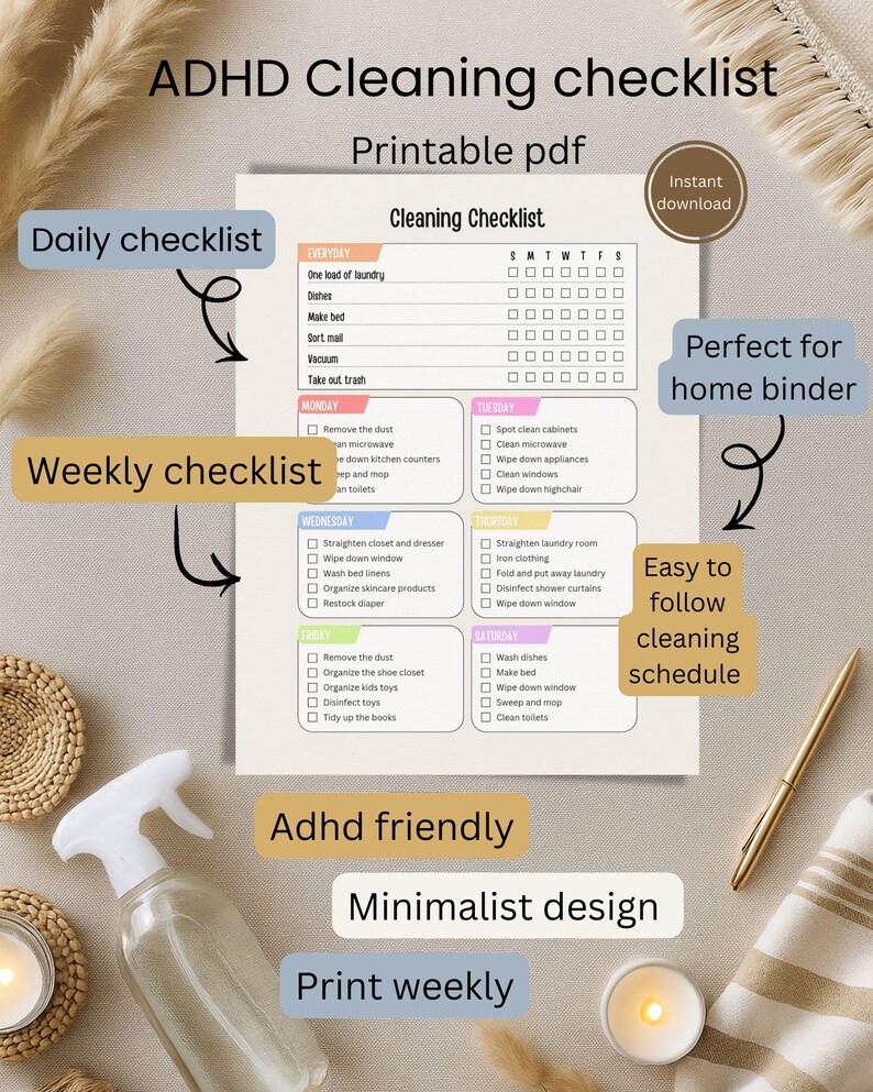 ADHD Cleaning Checklist Printable • Weekly Chore Chart (PDF) - Etsy