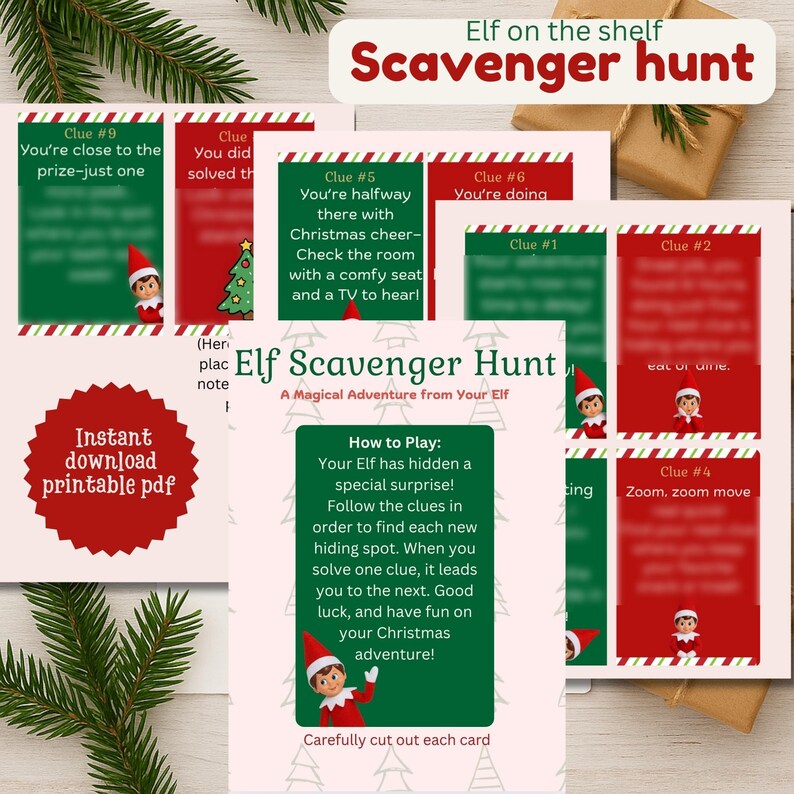 Elf on the Shelf Scavenger Hunt Printable • 10 Elf Clue Cards • Kids ...