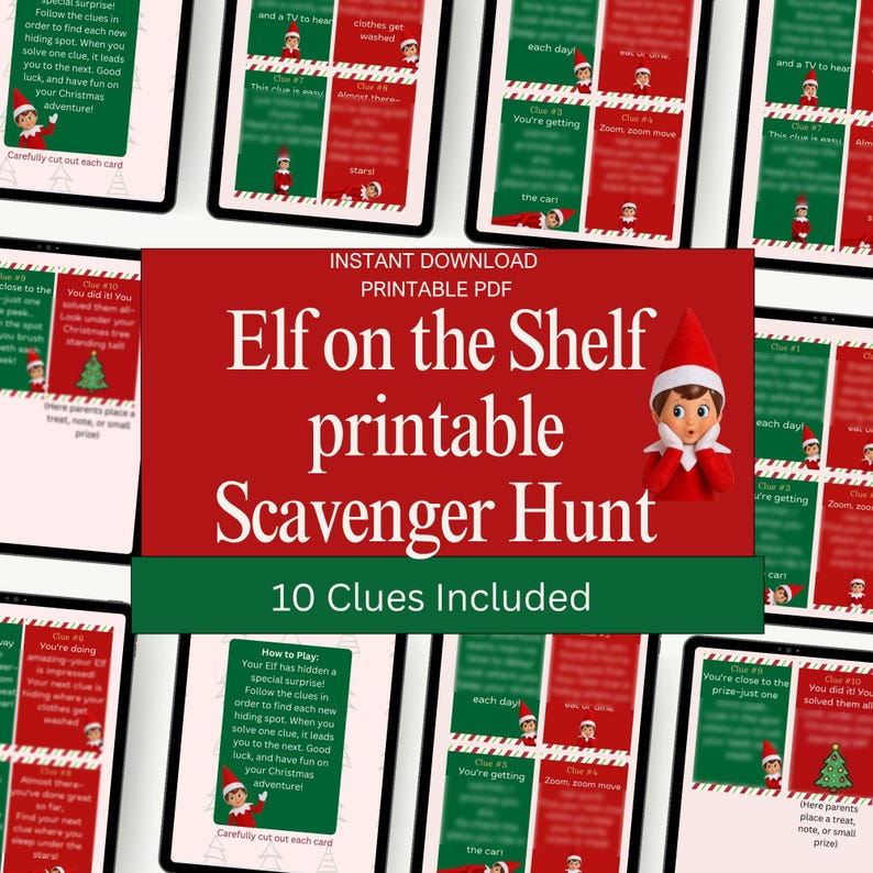 Elf on the Shelf Scavenger Hunt Printable • 10 Elf Clue Cards • Kids ...