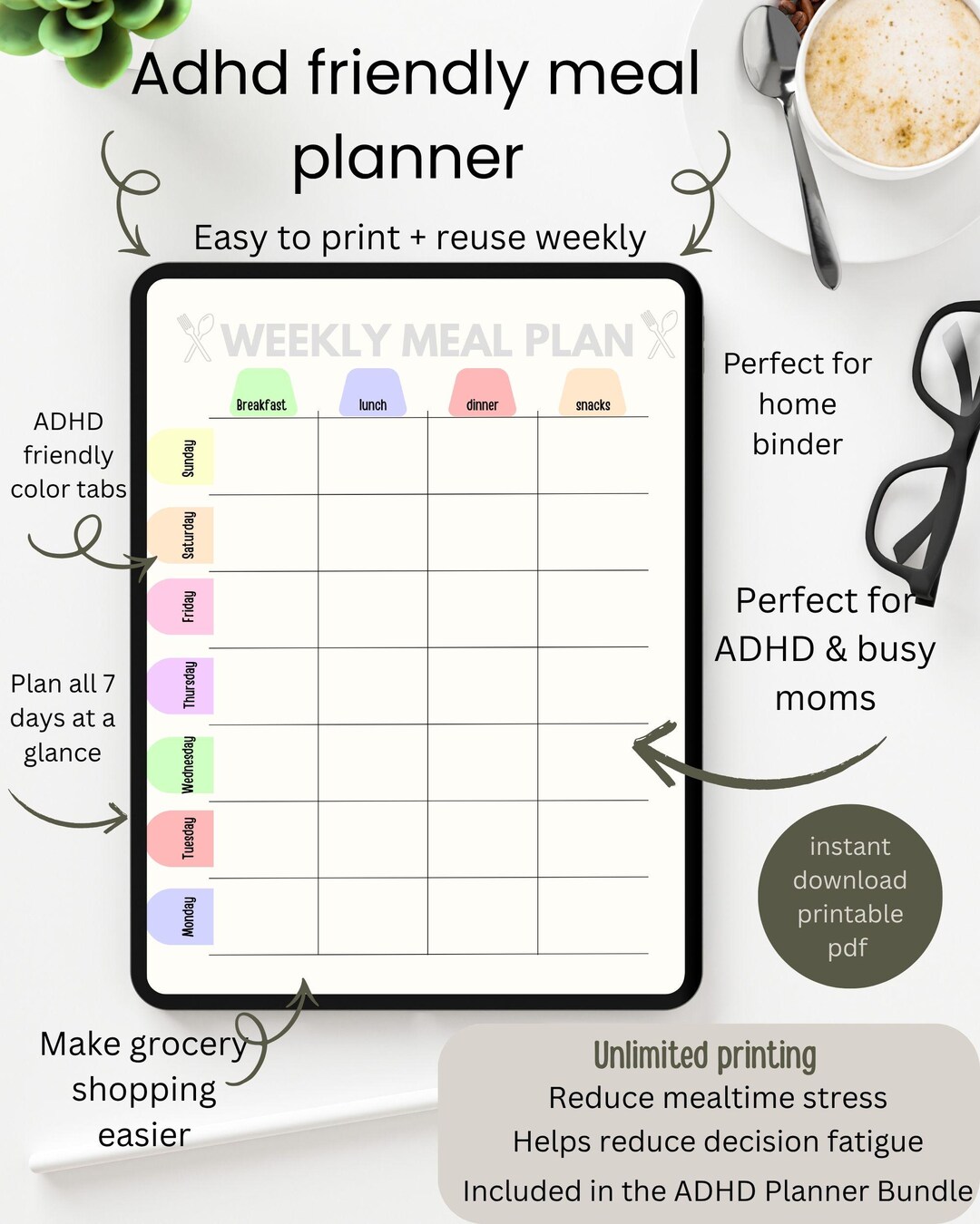 ADHD Weekly Meal Planner | Color-coded, Printable (instant Download) - Etsy