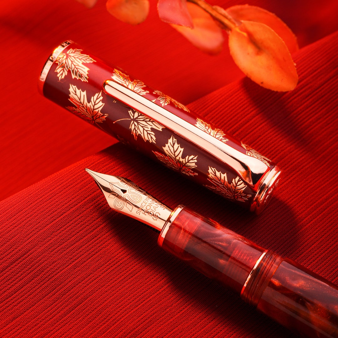 Hongdian N8 Fountain Pen Red Resin Gold Plated Maple Leaf, Iridium ...